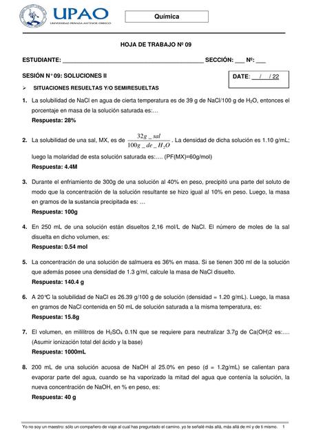 Hoja De Trabajo Sobre Agua Y Soluciones