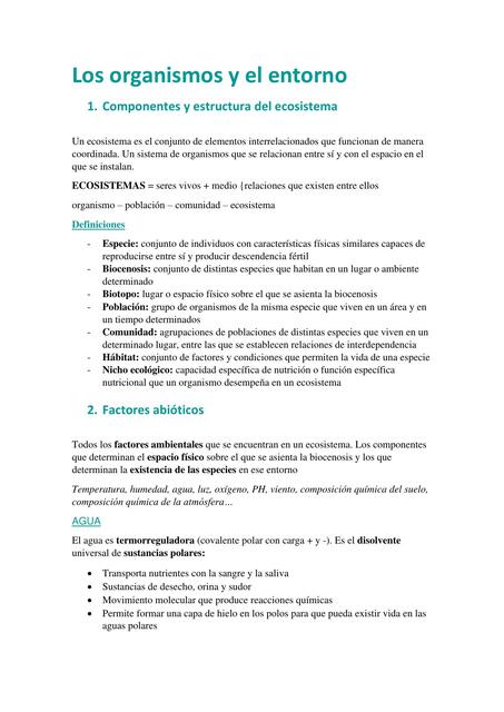 Apuntes Unidad Los Organismos y el Entorno | Cristina | uDocz
