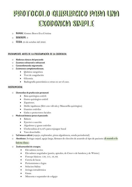 Protocolo quirúrgico para una exodoncia simple | Eva Cristina | uDocz