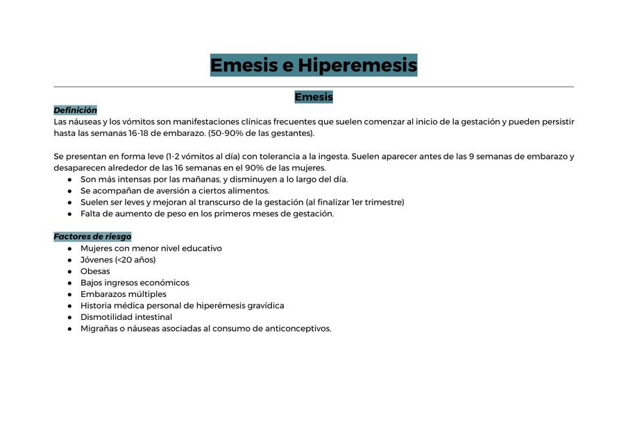 Resúmenes de Hiperémesis | Descarga apuntes de Hiperémesis