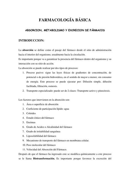 Absorción Metabolismo y Excreción de Fármacos | RESÚMENES MÉDICOS | uDocz