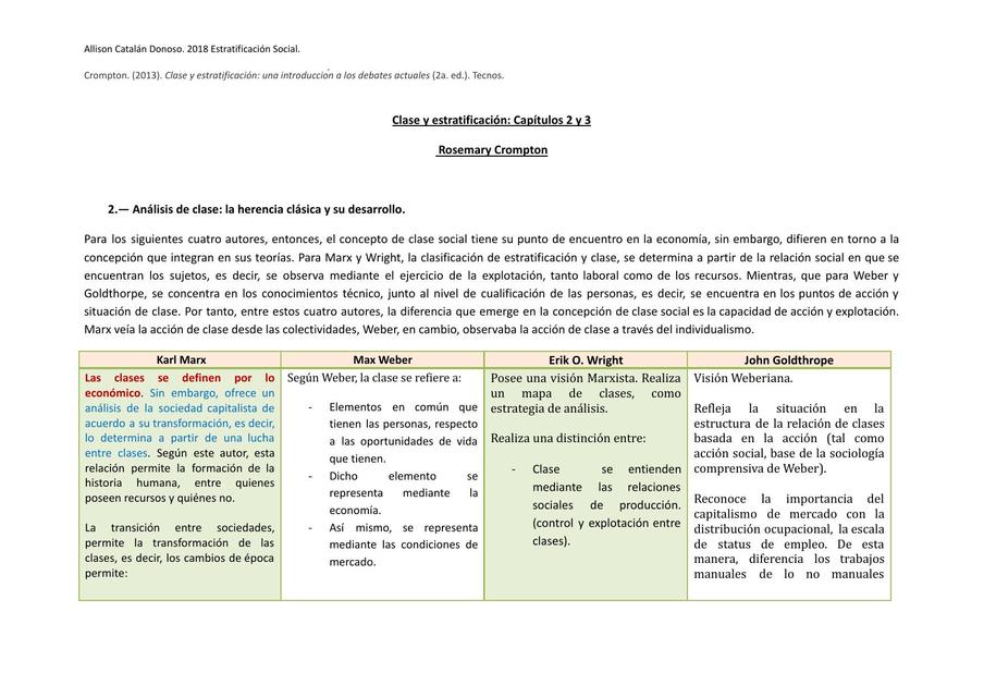 Resumen Y Análisis De Clase Y Estratificación Capítulos 2 Y 3 Ally