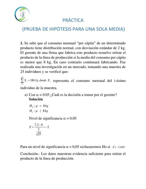 Práctica (Prueba de Hipótesis Para una Sola Media) | ALTRUUS | uDocz