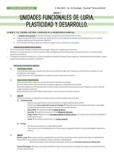 Unidades Funcionales de Luria. Neuroplasticidad - Neurociencias 2 ...