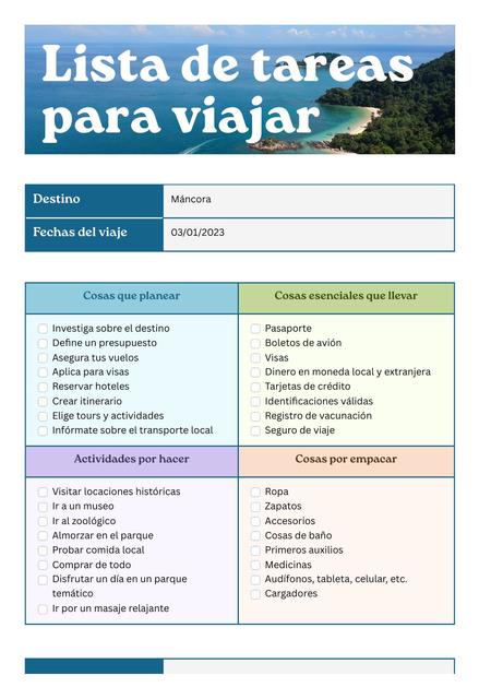 Lista de Tareas para Viajar | MARYURI LISBETH | uDocz