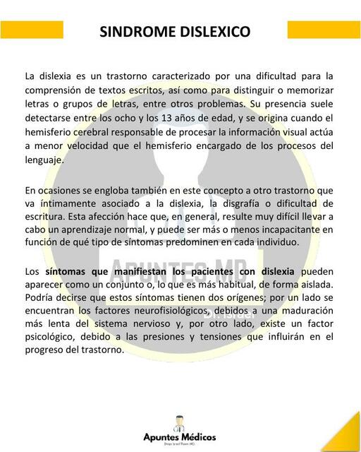 Síndrome disléxico | Diego Israel Tipan, MD. - Apuntes Médicos | uDocz