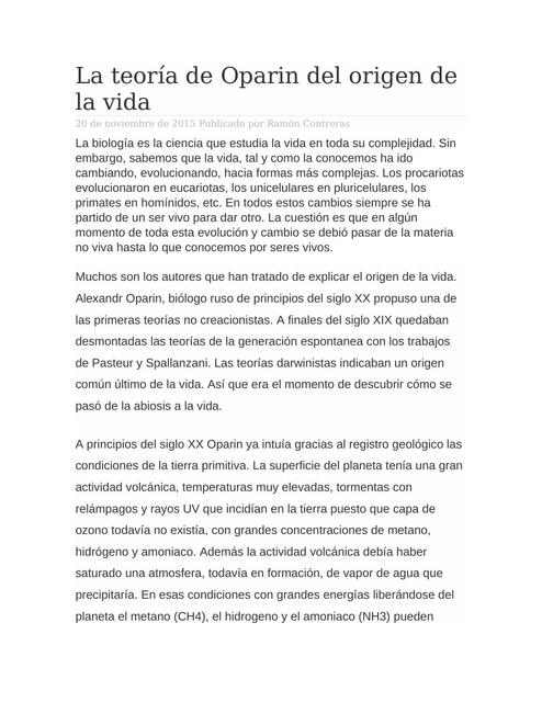 La Teoría de Oparin del Origen de la Vida | Liliana Isidro Mejia | uDocz