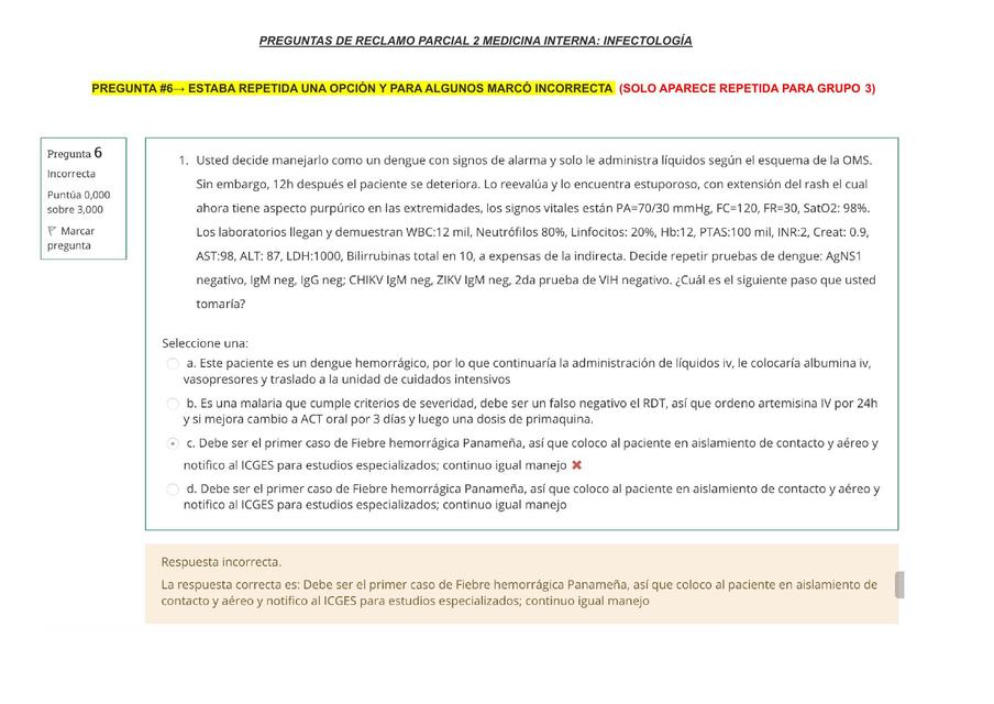 Preguntas de reclamo parcial 2 medicina interna: infectología