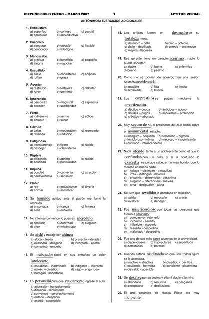 Aptitud verbal - antónimos I | Giussepe Mori Fernández | uDocz