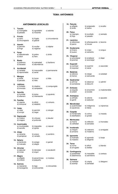 Aptitud verbal - antónimos II | Giussepe Mori Fernández | uDocz