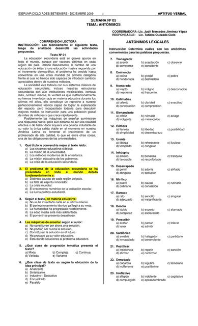 Aptitud verbal - antónimos III | Giussepe Mori Fernández | uDocz