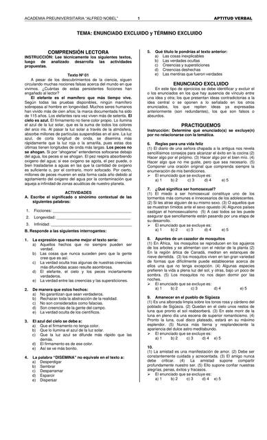 Aptitud verbal - enunciado excluido VI | Giussepe Mori Fernández | uDocz