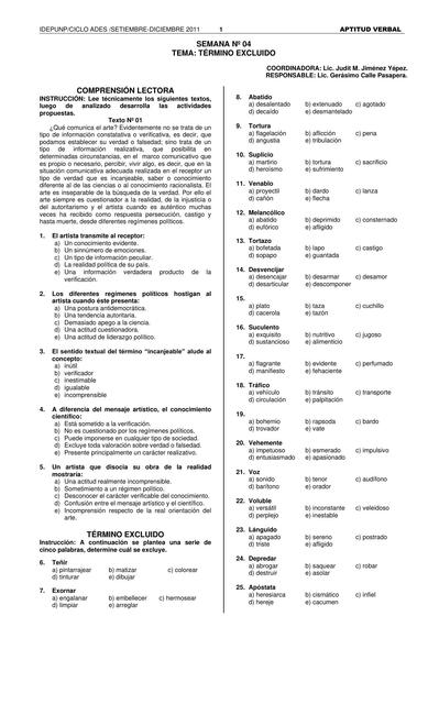 Aptitud verbal - enunciado excluido IV | Giussepe Mori Fernández | uDocz