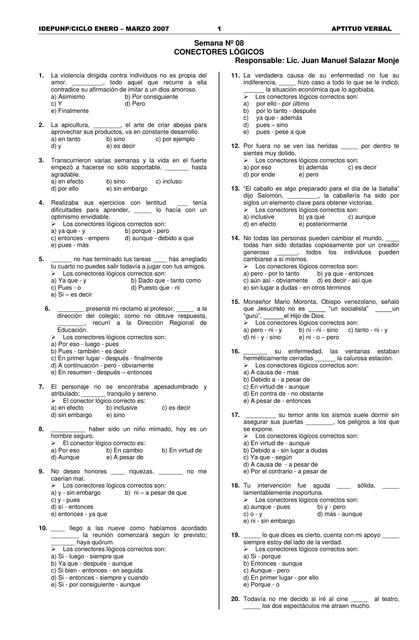 Aptitud Verbal- Conectores Lógicos II | Giussepe Mori Fernández | uDocz