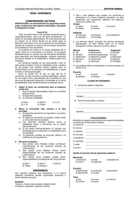 Aptitud Verbal- Sinónimos V | Giussepe Mori Fernández | uDocz