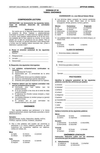 Aptitud Verbal- Sinónimos III | Giussepe Mori Fernández | uDocz