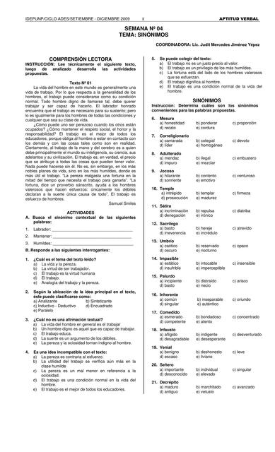 Aptitud Verbal- Sinónimos VI | Giussepe Mori Fernández | uDocz