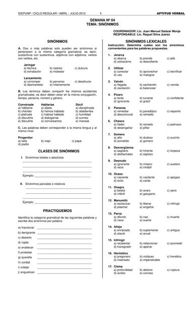 Aptitud Verbal - Sinónimos | Giussepe Mori Fernández | uDocz