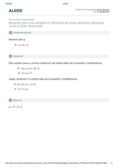 Resolver para una variable en términos de otras variables utilizandosuma o resta: Avanzado