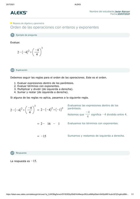 Orden de las operaciones con enteros y exponentes | ALARCON BERMUDEZ ...