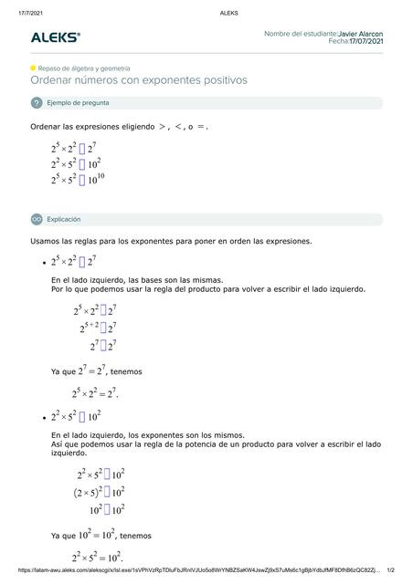 Ordenar Números con Exponentes Positivos | ALARCON BERMUDEZ JAVIER | uDocz