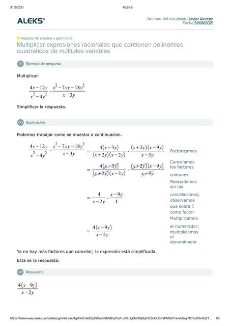 Multiplicar expresiones racionales que contienen polinomios | ALARCON ...