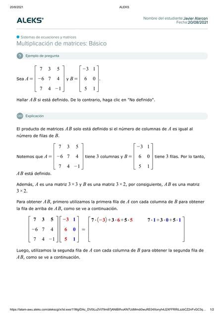 Multiplicación de matrices Básico | ALARCON BERMUDEZ JAVIER | uDocz