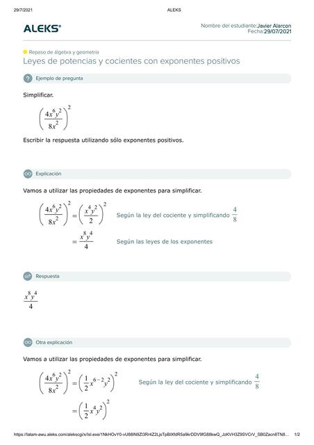 Leyes de potencias y cocientes con exponentes positivos | ALARCON ...
