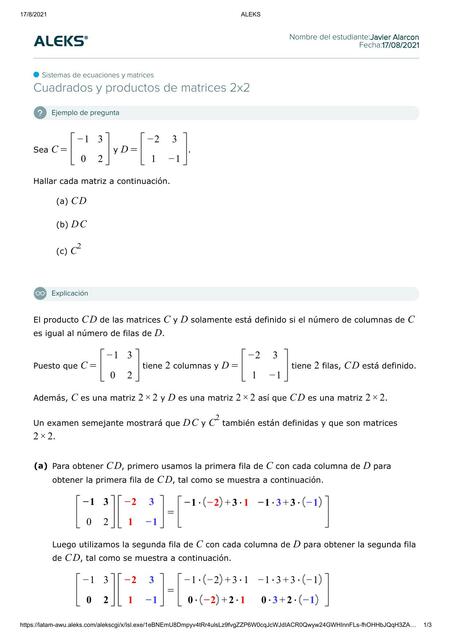 Cuadrados y productos de matrices 2x2 | ALARCON BERMUDEZ JAVIER | uDocz
