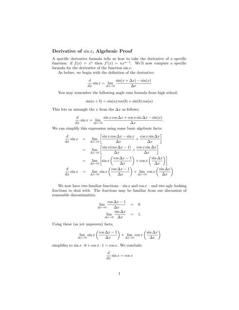Derivative of sin x, Algebraic Proof | apuntesdeingenieria | uDocz