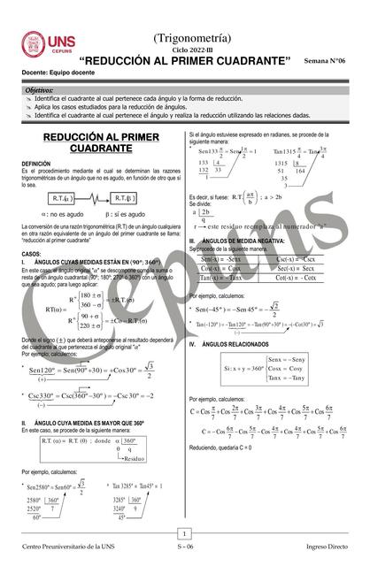 Trigonometría Reducción al Primer Cuadrante | Y. Esther Montoya | uDocz