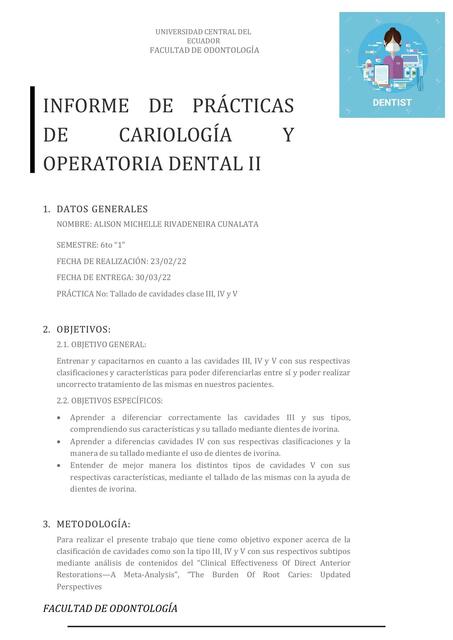 Informe de Prácticas de Cariología y Operatoria Dental II | Alsion Rivadeneira | uDocz