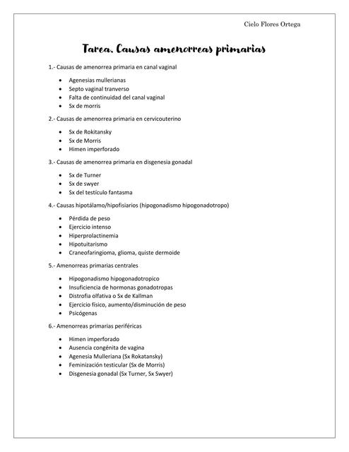 Causas amenorrea primaria | Cielo Flores Ortega | uDocz