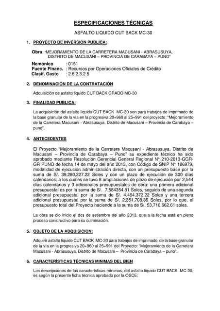 Especificaciones técnicas asfalto liquido cut back mc-30 | FRANK ...