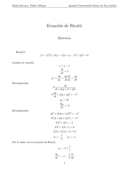 Ecuación Diferencial de Ricatti (ejercicios) | IngeApuntes | uDocz