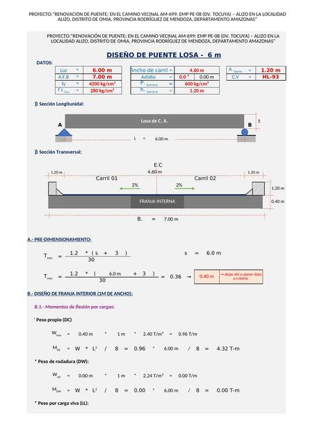 Diseño De Puente Losa 6m Edwin N Constantino Bustamante Udocz