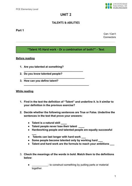 Unit 2 “Talent VS Hard Work - Or a Combination of Both?”- Elementary ...