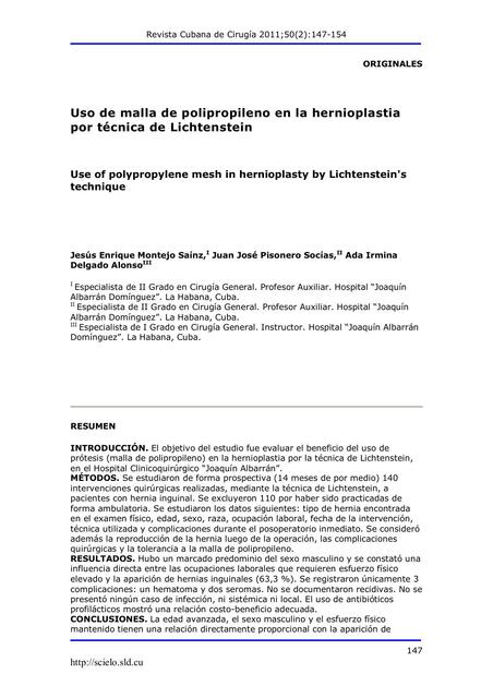 Uso de Malla de Polipropileno en la Hernioplastia por Técnica de ...