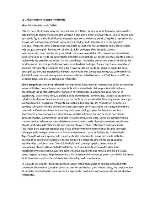 La Universidad en la Etapa Reformista | Estefanía Artaza | uDocz