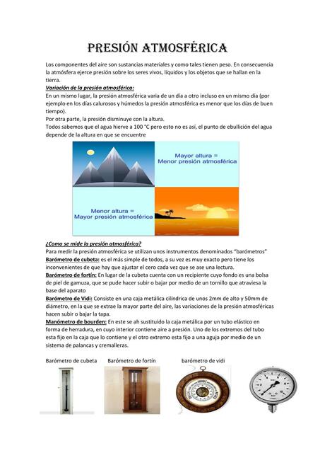 Presión Atmosférica, Presión de los Fluidos, Principio de Arquímedes y ...