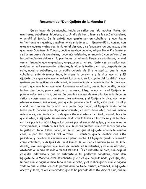 Resumen De Don Quijote De La Mancha Literatura Y Palabras Udocz