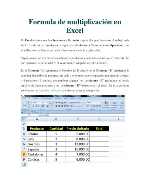 Fórmula de Multiplicación en Excel | lanotamatematica10 | uDocz