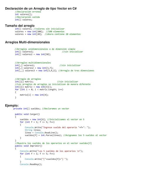Declaración de un Arreglo de Tipo Vector en C#