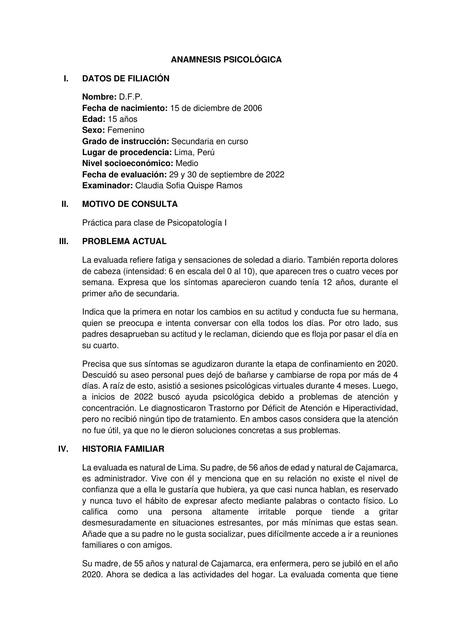 Anamnesis Claudia Quispe Udocz