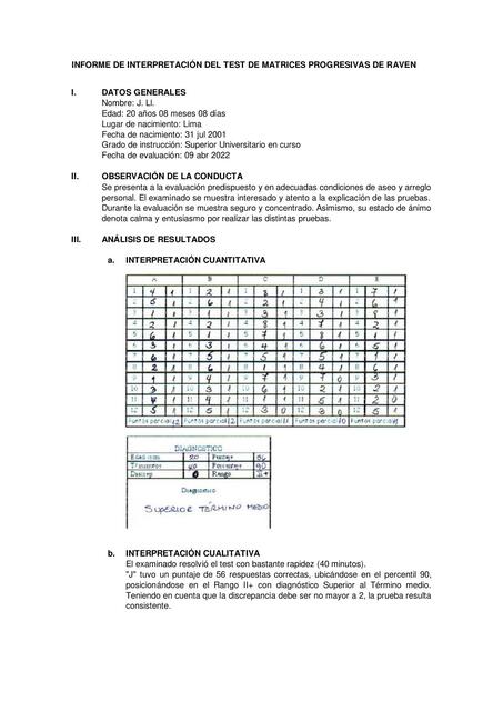 Informe De Interpretación Del Test De Matrices Progresivas De Raven ...