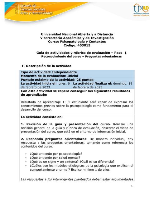 Paso 1 Reconocimiento del curso Preguntas orientadoras - UNAD | Laura ...
