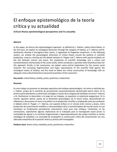 El enfoque epistemológico de la teoría crítica y su actualidad ...