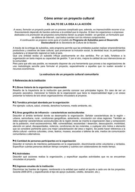 Cómo Armar un Proyecto Cultural | DocsCultura | uDocz Cómo Armar un Proyecto Cultural | DocsCultura | uDocz