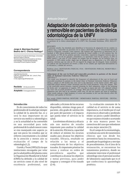 Adaptación del colado en prótesis fija y removible en pacientes de la ...