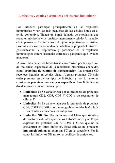 Linfocitos y células plasmáticas del sistema inmune | Karen Villa | uDocz